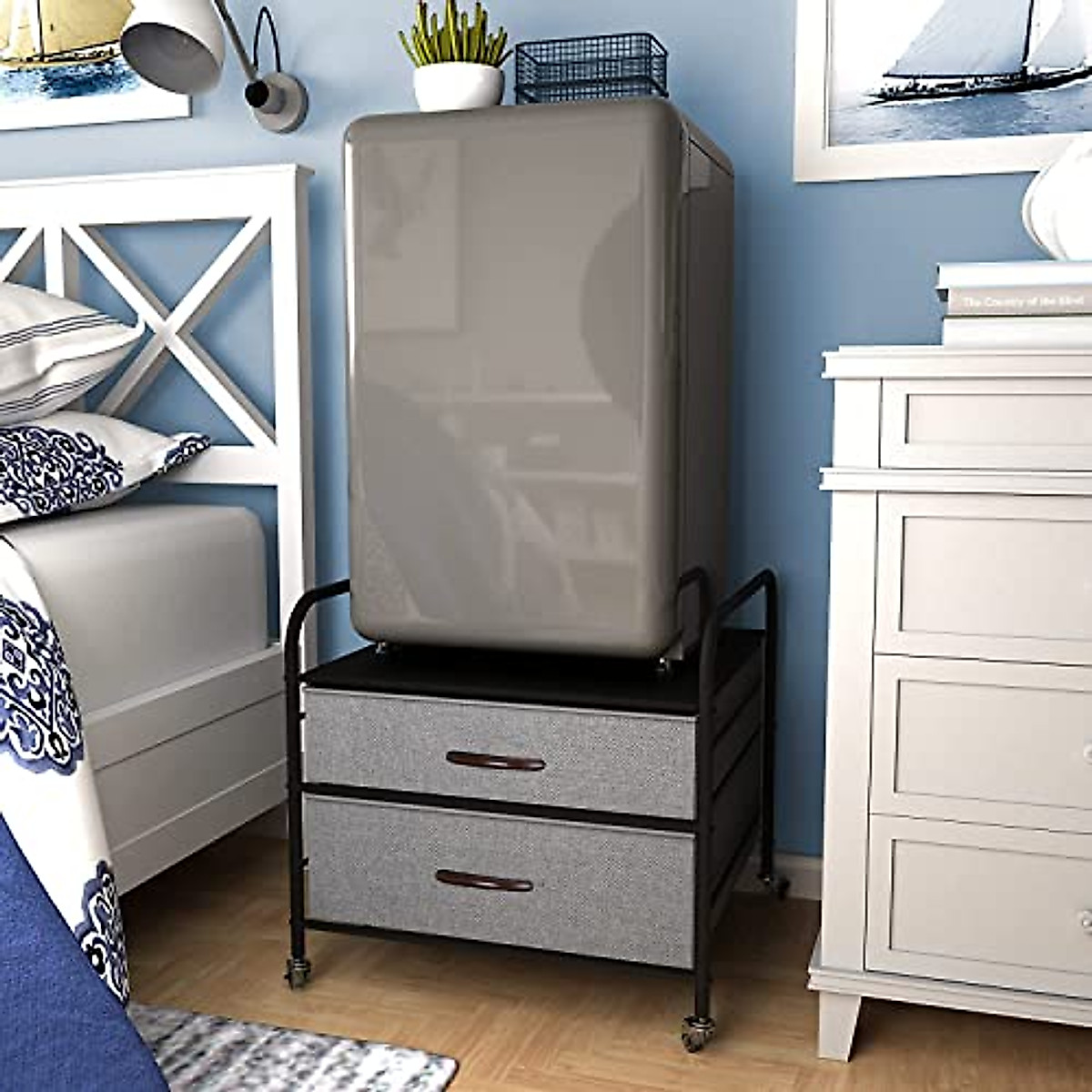 EazeHome Rolling Cart, Rolling Storage Cart, Mini Fridge Cart with Storage, Mini Fridge Table, Rolling Cart with Drawers, 2 Tier Utility Cart on Wheels, 2 Drawer Storage Organizer for Dorm