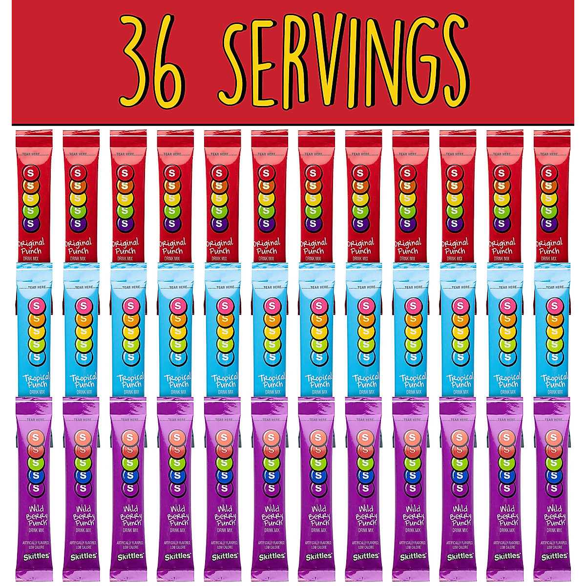Skittles Singles To Go - Variety Pack of 6 - Candy Flavoring Water Enhancer – 3 Flavors of Skittles Drink Mix - Bundle with Ballard Products Recipe card