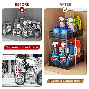 PHINOX Reinforced Metal Organizers and Storage with 4 Hooks, 2 Tier for Under Cabinet/Sink, Kitchen, Bathroom