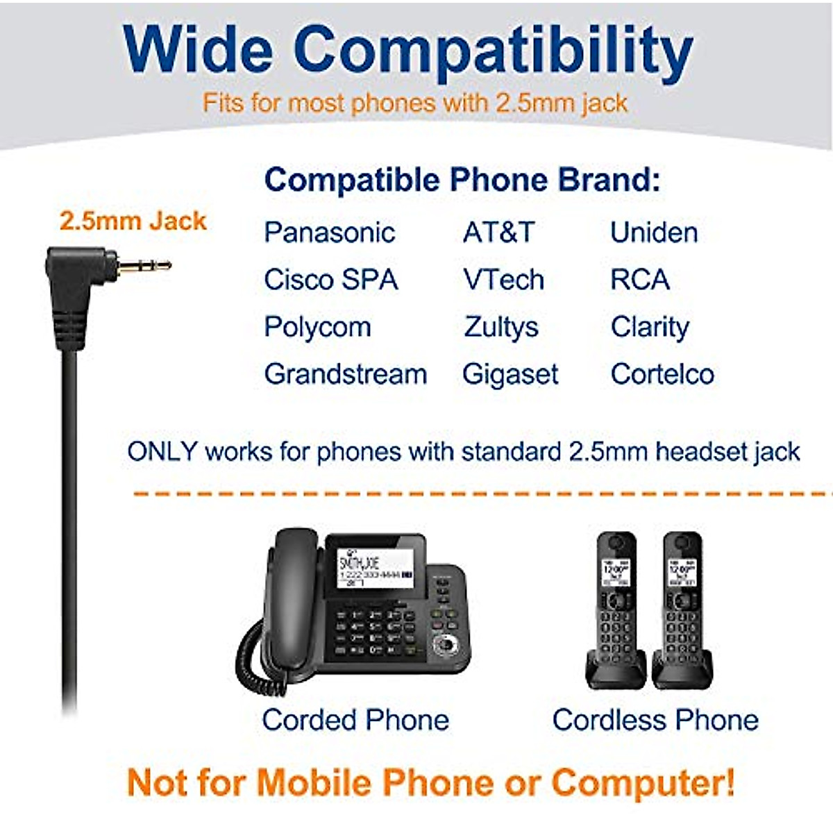 Phone Headset with Microphone Noise Cancelling & Volume Controls, 2.5mm Telephone Headset Compatible with Polycom Panasonic AT&T Vtech Uniden Office Cordless Phones, Clear Chat, Ultra Comfort