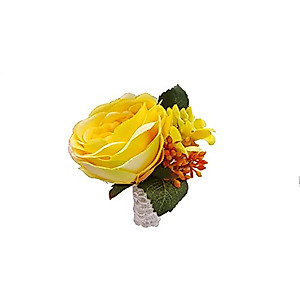 Ansuma Rose Wrist Corsage Wristlet Band Bracelet and Men Boutonniere Set for Wedding Flowers Accessories Prom Suit Decorations (Yellow)