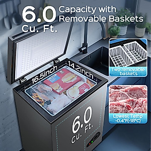 Anypro Chest Freezer 6.0 Cu.Ft Small Deep Freezer with 2 Removable Baskets, 7 Adjustable Temperatures, FreeStanding Top Door Compact Mini Freezer for Garage Dorm Apartment RV Kitchen Business, Black