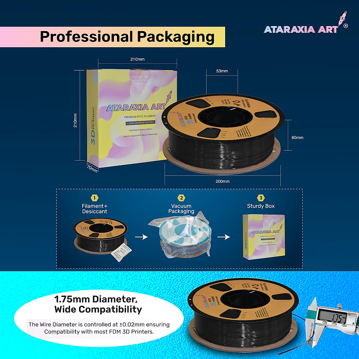 ATARAXIA ART PETG Filament 1.75mm, Black 3D Printer Filaments, 1Kg/2.2lb Tidy Winded Spools, Dimensional Accuracy +/-0.02mm, with Filament Storage Vacuum Bags, Fit FDM 3D Printers, PETG Black 1.75mm
