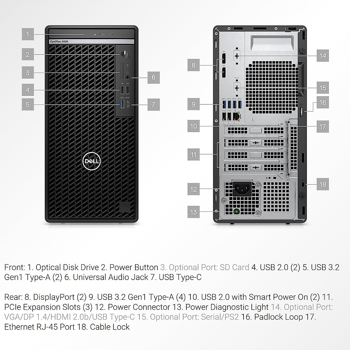 Dell OptiPlex 5000 Series Business Tower Desktop, 12th Gen Intel Core i5-12500 Processor, 32GB RAM, 1TB PCIe SSD, DP, RJ-45, DVD, Wi-Fi, Wired Keyboard & Mouse, Windows 11 Pro, Black