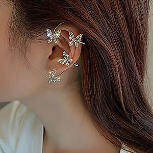 Taichell Shining Butterfly Ear Cuffs Zircon Butterfly Earrings for Women, Silver, Non-Piercing, Adjustable