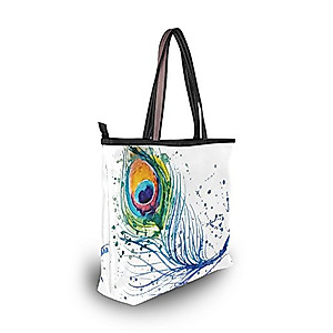 JSTEL Women Large Tote Top Handle Shoulder Bags Watercolor Peacock Feather Patern Ladies Handbag