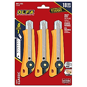 OLFA 18mm Heavy-Duty Utility Knife (BN-L/CP3) - Multi-Purpose Custom Cutting Depth Precision Knife w/Ergonomic Grip Handle & Snap-Off Blade, 3 Pack