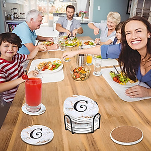 Monogrammed Coasters for Drinks Absorbents with Holder, Set of 6 Ceramic Marble Style Drink Coaster with Cork Base,Personalized Coasters Customizable with Name, Housewarming Gifts