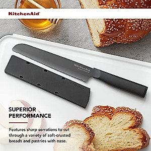 KitchenAid Classic Ceramic Serrated Bread Knife with Custom-Fit Blade Cover, Sharp Kitchen Knife, Dishwasher-Safe, 8-Inch, Black