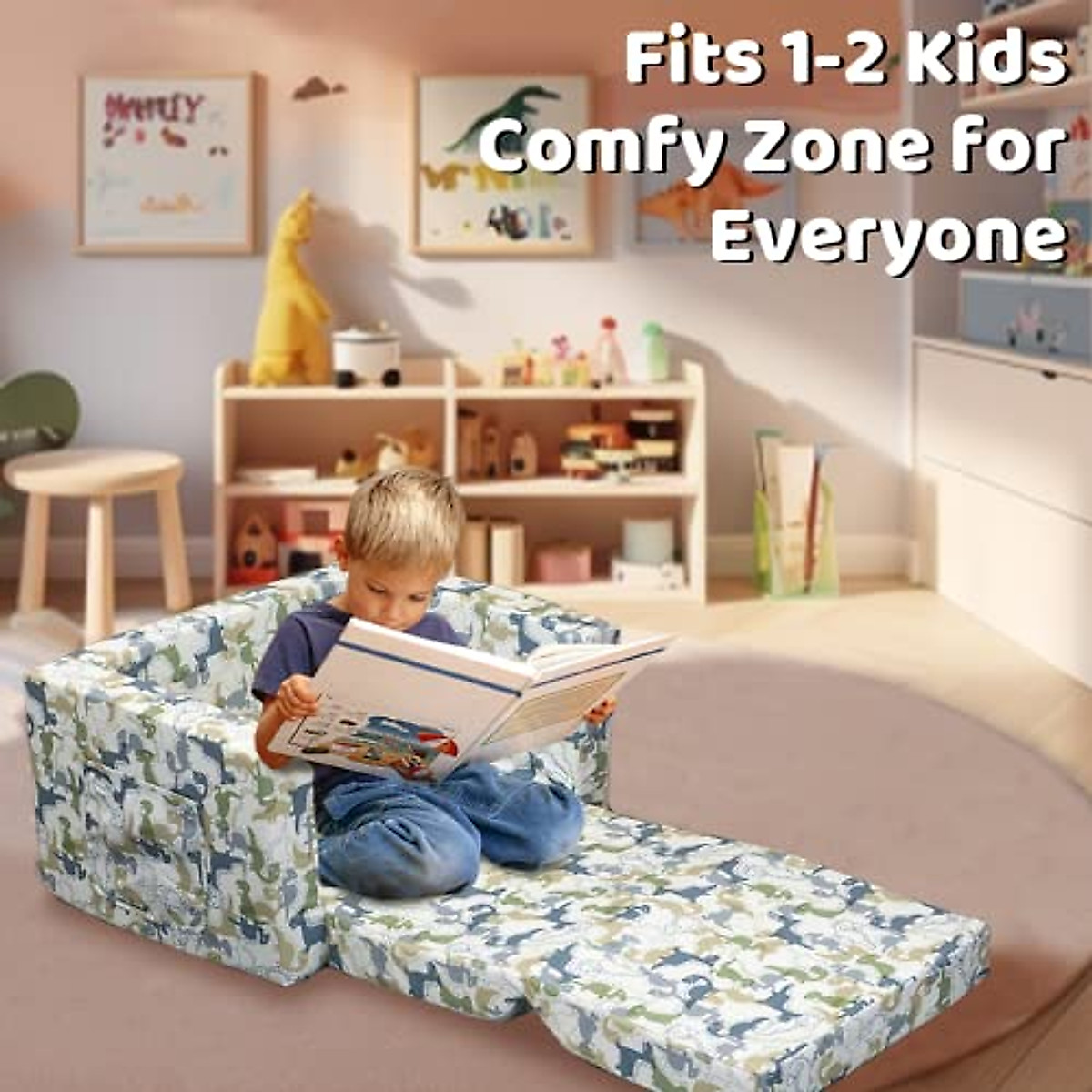 Truwelby Kids Sofa, Children's 2 in 1 Convertible Sofa to Lounger - Extra Soft Flip Open Chair & Sleeper, Cute Dinosaur Print Toddler Chair Kids Couch for Kids Girls Boys