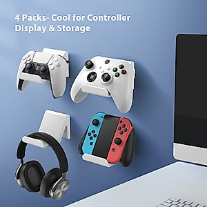 6amLifestyle 4 Pack Controller Wall Mount with Anti-Slip Pads for PS5 PS4 Xbox One Switch Pro Gamepad Controller Holder Adhesive/Screws, Universal Hanger Hook Accessories, White