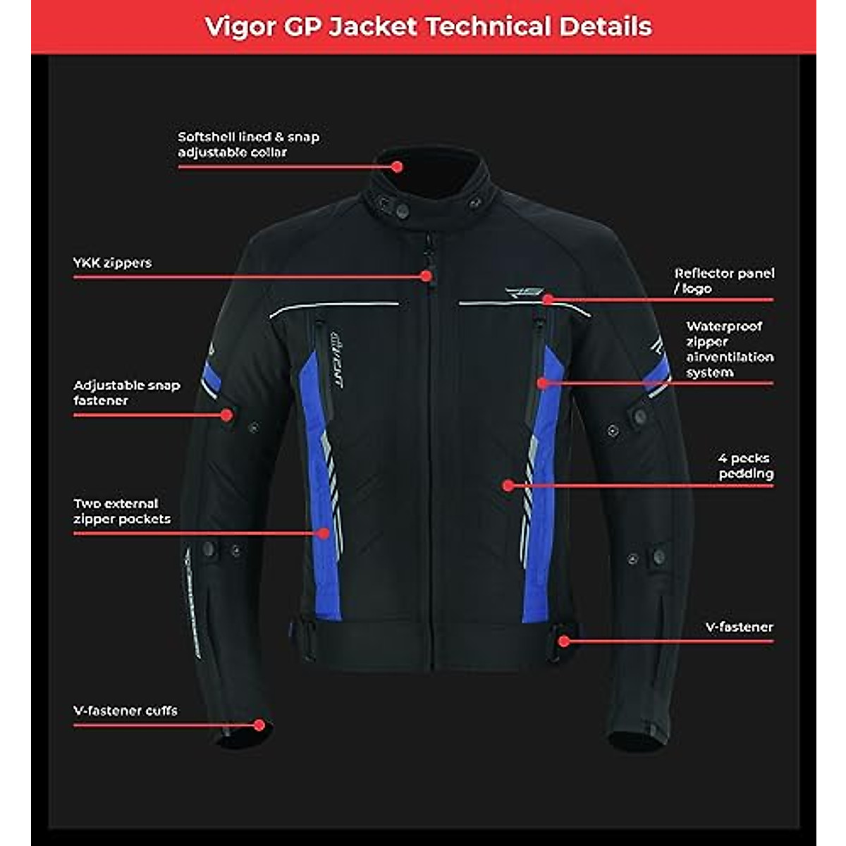 RS Motosports All Season Racing Motorbike Jacket for Men Water Proof & Breathable Motorcycle Jacket with Textile Fabric (US, Alpha, Large, Regular, Regular, Blue)