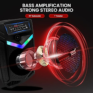 Pyle Portable Bluetooth PA Speaker System - 1200W Rechargeable Outdoor Bluetooth Speaker Portable PA System w/ 15” Subwoofer 1” Tweeter, Recording Function Mic In Party Lights USB/SD Radio PPHP1542B