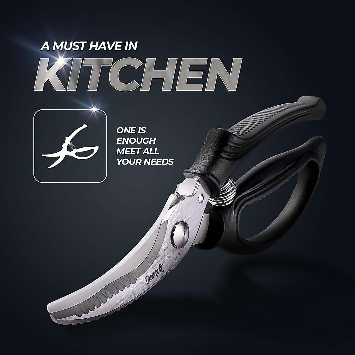 Demzit Poultry Shears, Heavy Duty Kitchen Scissors - Rust Proof Bone Cutting Scissors for Cutting Chicken & Chopping Vegetables - Chicken Meat Shears for Professionals - Black