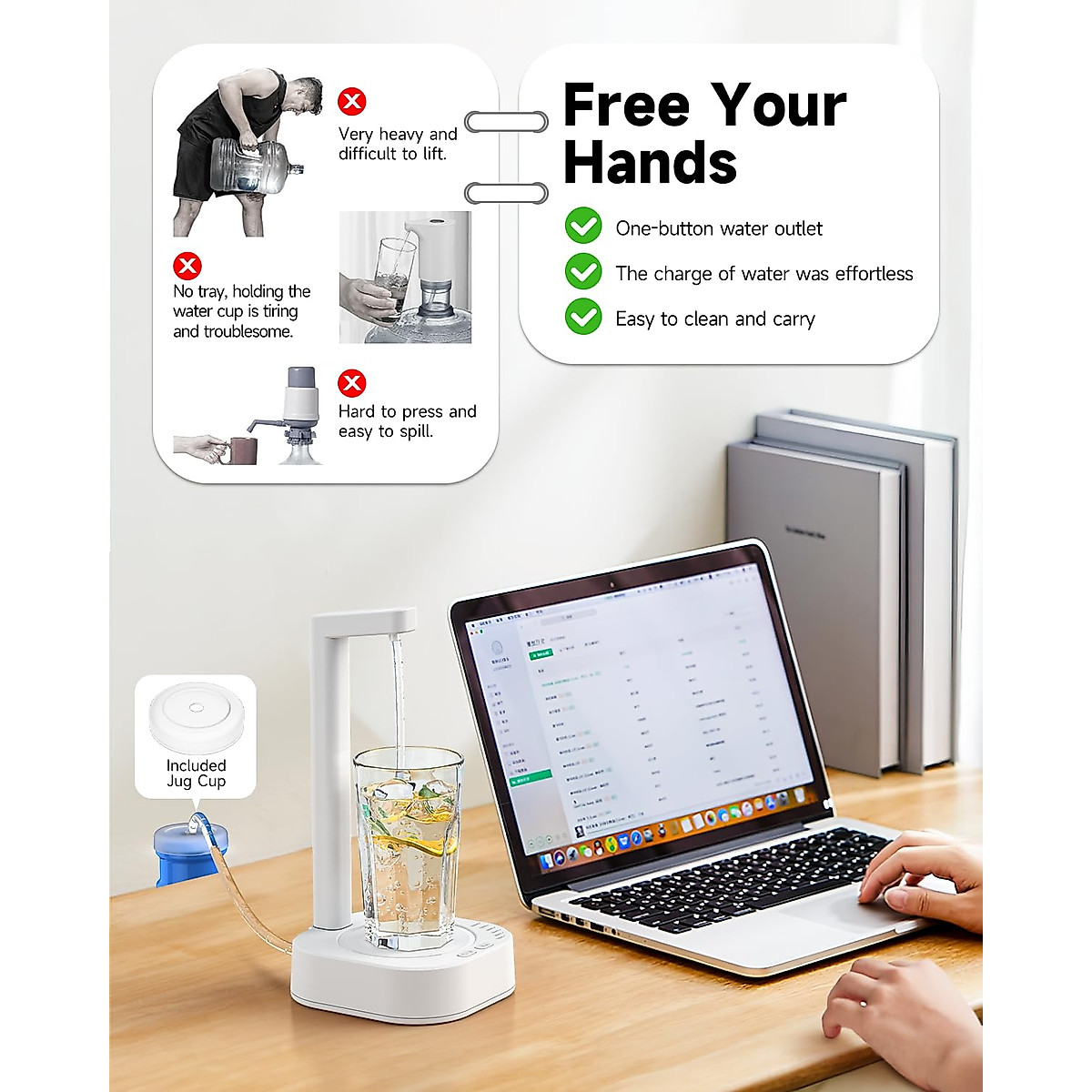 FUNCUE Water Dispenser, Intelligent 7 Levels Water Dispenser for 5 Gallon Bottle & Universal Bottles, Portable Desktop Water Pump for Indoor Outdoor, Automatic Electric Water Jug Dispenser