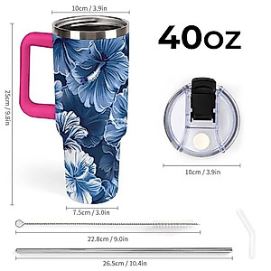 Blue Hawaiian Hibiscus Floral Insulated Tumbler with Lid And Straw Stainless Steel Travel Coffee Mug 40oz Light Rose Red-style