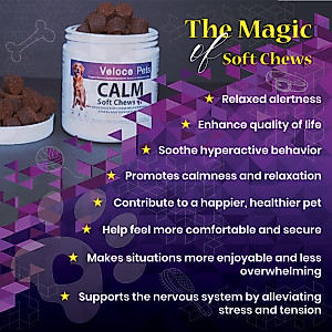 Veloce Pets Calming Chews for Dogs Anxiety- Separation Anxiety Relief Treats for Dogs with Inositol, Taurine & Theanine Relief for Fireworks, Travel and Thunderstorms 60 Count