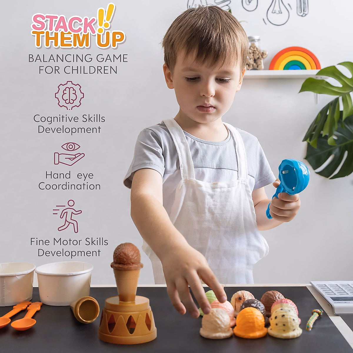 Smart Novelty Ice Cream Toy Stacking Tower - Balancing and Stackable Scoop Ice Cream Play Set for Toddlers, Frozen Dessert Food Games for Kids Aged 3+