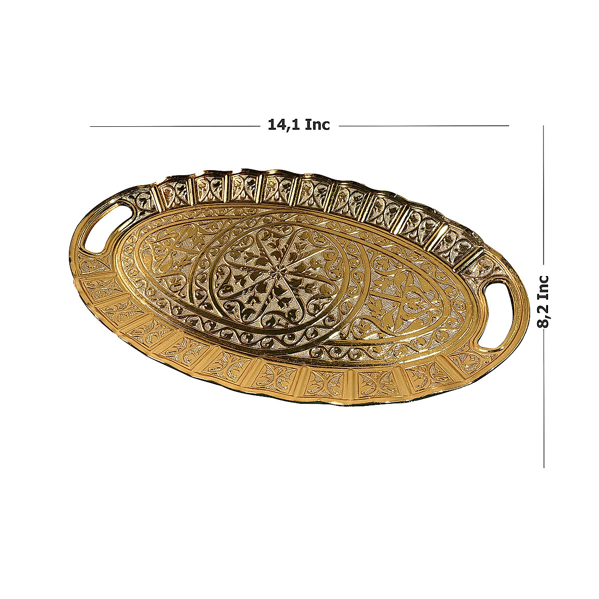 Turkish Tea Coffee Beverage Dinning Serving Tray Ellipse with Handled Ottoman Motif Decorative Middle Table Drink Serving Bathroom Oval Suitable for Gift Tray (14.1x8.2x1 INC) 35.8x20.5x2cm Gold