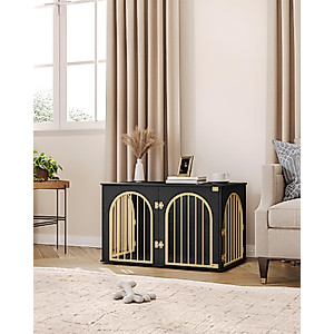 Hzuaneri 39.4'' Wooden Dog Crate Furniture TV Stand, Indoor Dog Kennel for Small/Medium/Large Dogs, End Side Table Dog Crates, Anti-Chew, Anti-Escape, Arched Door Design, Black Gold DFC84104A