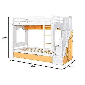 HomSof Twin Over Twin Bunk Bed with Trundle,Stairs,Ladders Solid Wood Bunk Bed with Storage Cabinet （White + Yellow）