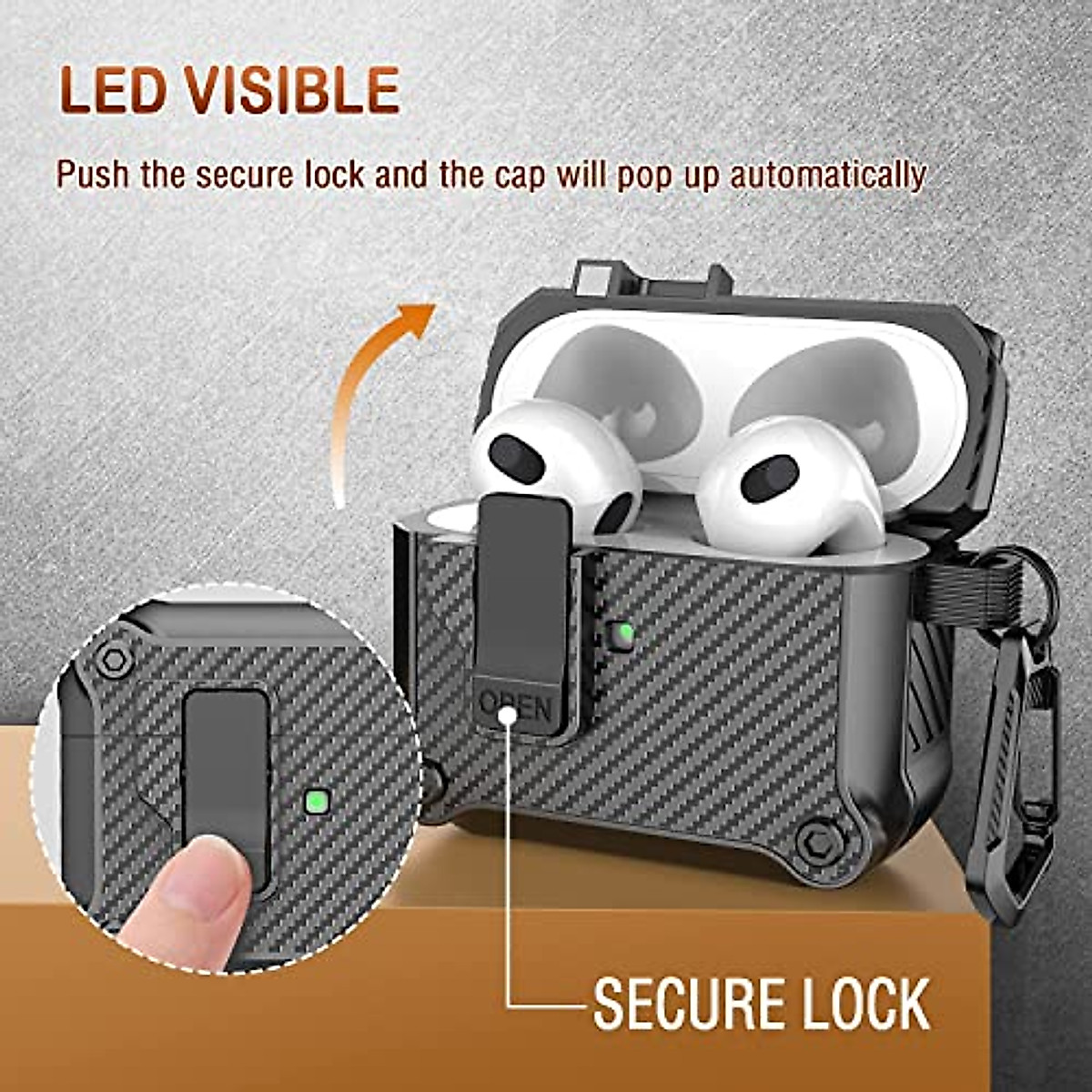 R-fun Airpods 3rd Generation Case with Automatic Secure Lock Clip, Armor Protective Hard TPU Case Cover for Apple Airpods 3 2021 Charging Case with Carbon Fiber Keychain-Black