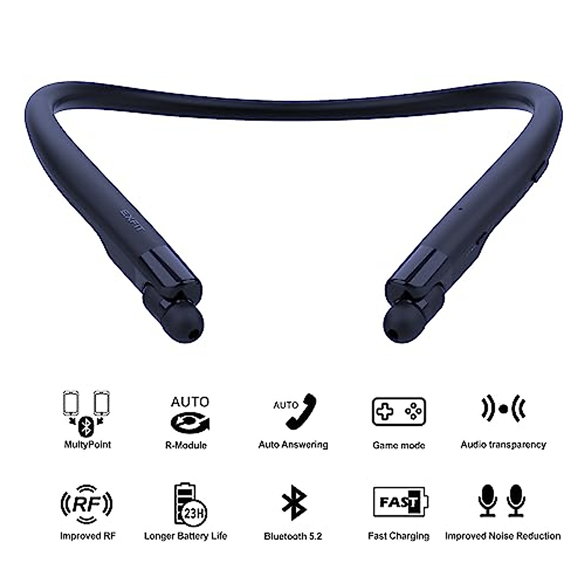 EXFIT BCS-700 Pro Bluetooth Neckband Wireless Headphones, Around The Neck Headphones, Retractable Earbuds Without Button Control, Pull Earbud for Auto Answer, Bluetooth 5.2, Low Latency