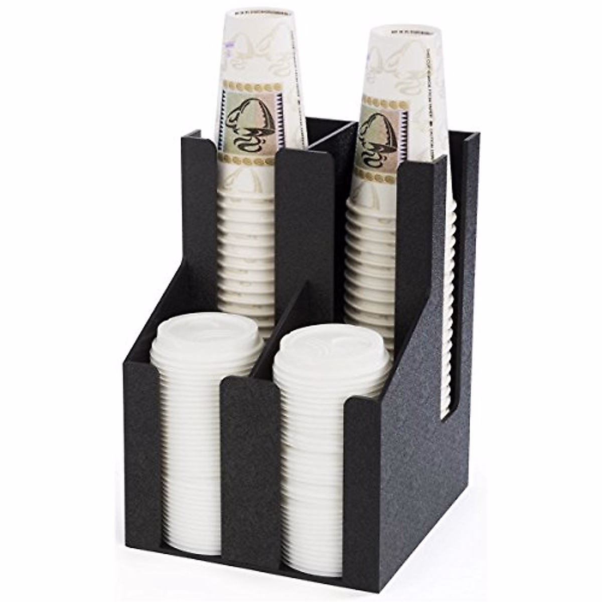 Coffee Cup and Lid Holder and Dispenser, 4 Compartments, Table or Wall Mount (Black ABS Plastic)
