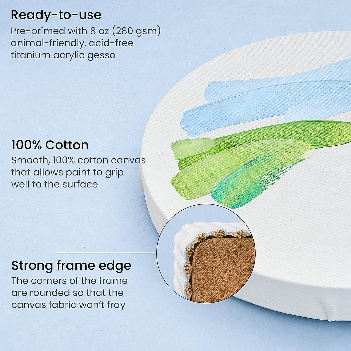 ARTEZA Round Stretched Canvas, 6 Inch Diameter, Pack of 12, Blank White Canvas Boards for Acrylic, Oil and Gouache Painting