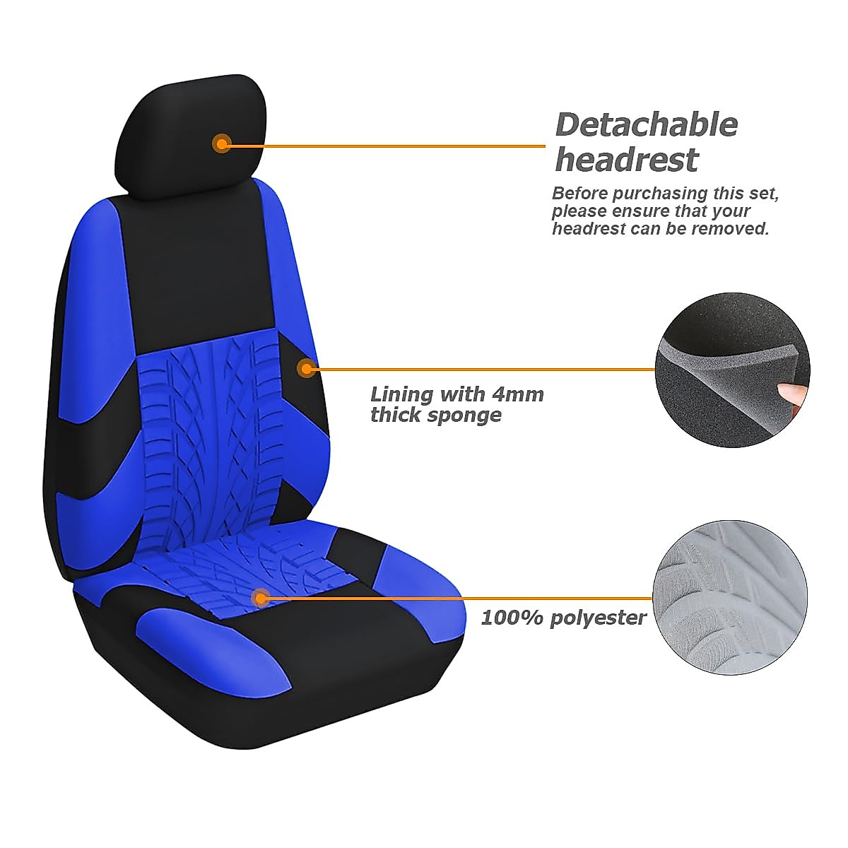 Car Seat Covers for Front Seats, Breathable Waterproof Polyester Vehicle Seat Protectors, Anti-Slip Split Auto Cushion Cover, Driver Interior Accessories for Most Cars, Trucks, SUV, Van (Blue)