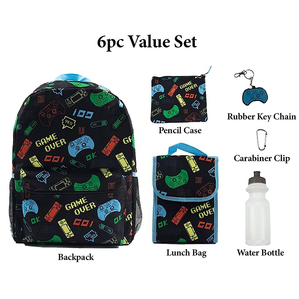 RALME Gaming Backpack Set for Kids, 16 inch, 6 Pieces - Includes Foldable Lunch Bag, Water Bottle, Key Chain, & Pencil Case