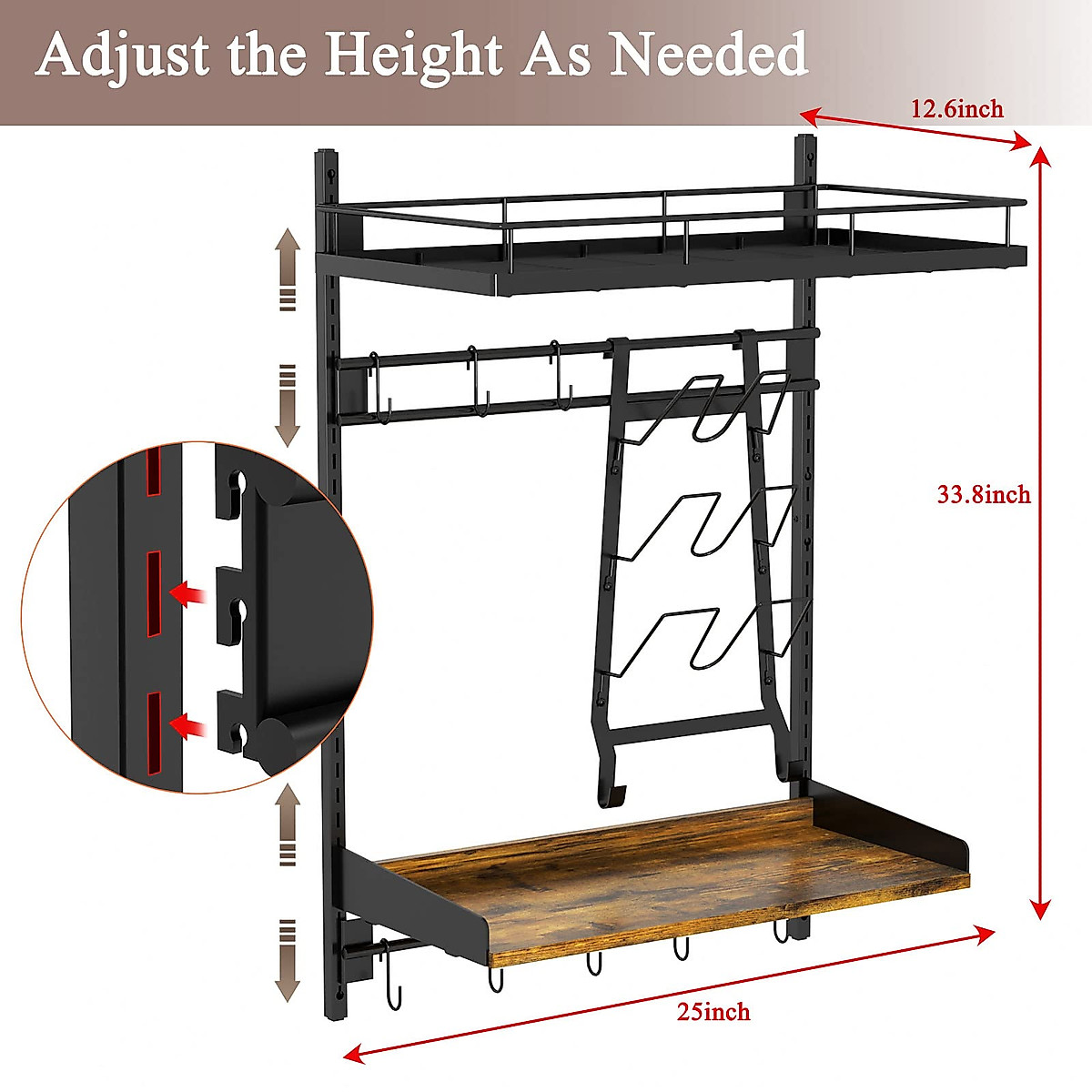 Zitaloken Hanging Pots and Pans Organizer, 2 Packs Adjustable Kitchen Shelves Wall Mounted, Pot Lid Holder Cookware & Cutting Board Storage Rack with 18 Hooks,Matte Black