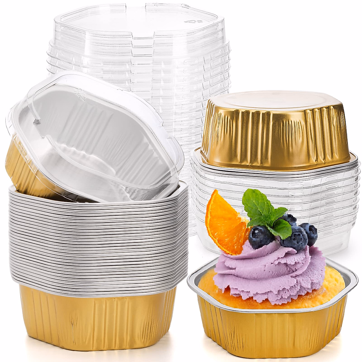 Frcctre 35 Pack Aluminum Foil Baking Cups with Lids, 13 Oz Disposable Hexagon Aluminum Foil Ramekins, Disposable Muffin Liners Cupcake Baking Cups for Dessert Pudding Party Wedding Birthday