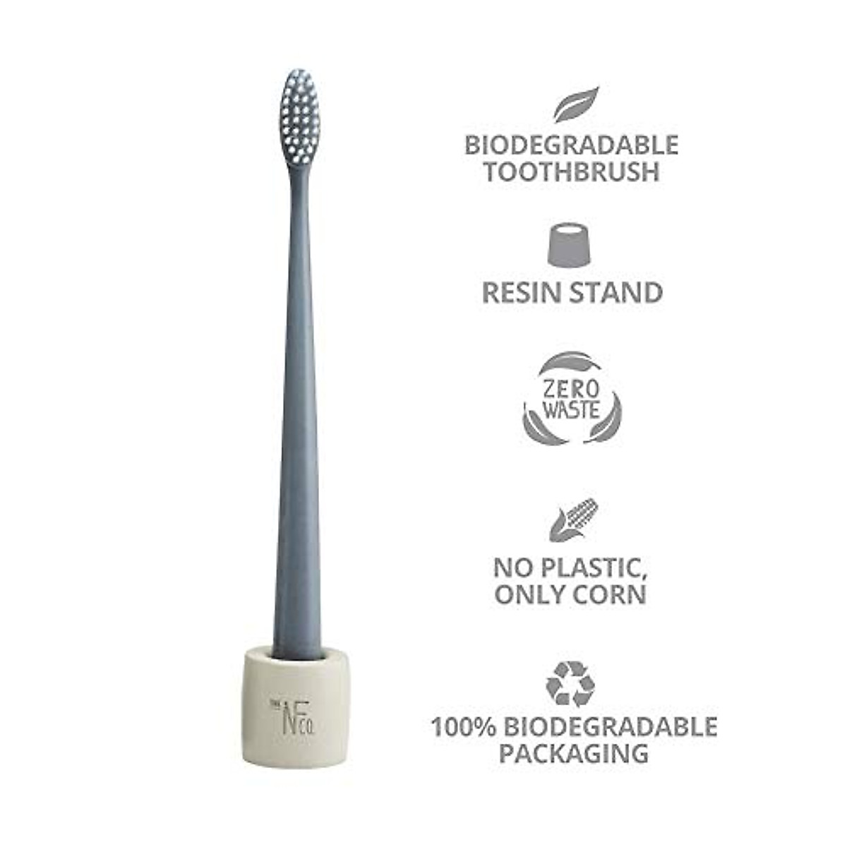 The Natural Family Co. Bio Toothbrush and Stand, Soft Nylon Bristles with Non GMO Cornstarch Handles, Plastic Free Packaging and Monsoon Mist