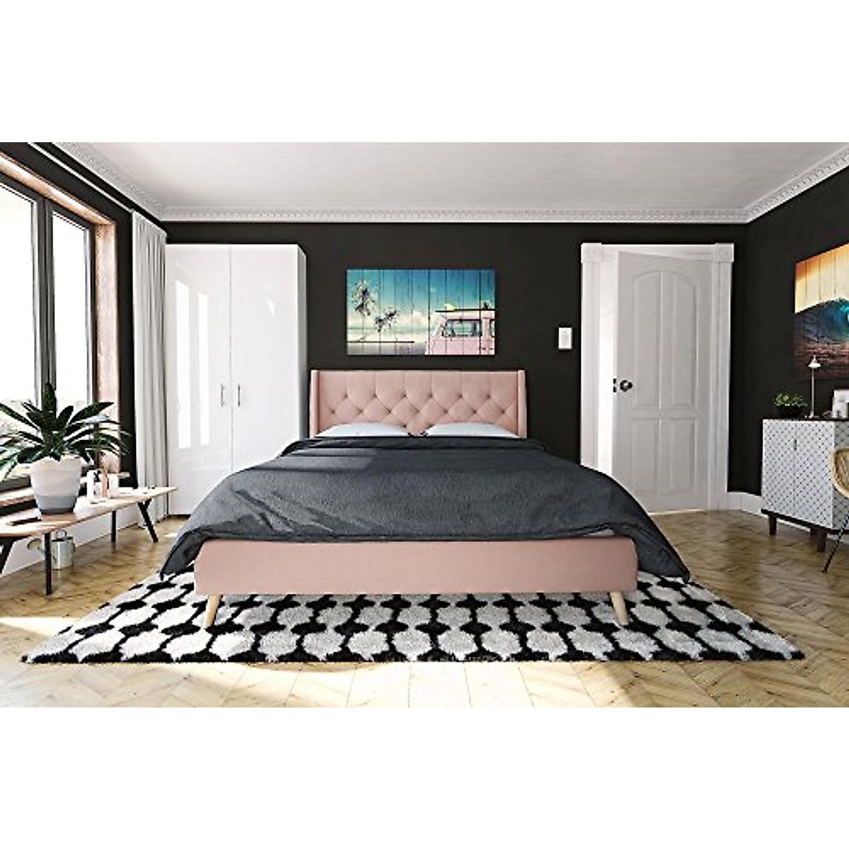 Novogratz Her Majesty Upholstered Linen Bed, Tufted Wingback Design and Wooden Legs, Queen Size - Pink Linen