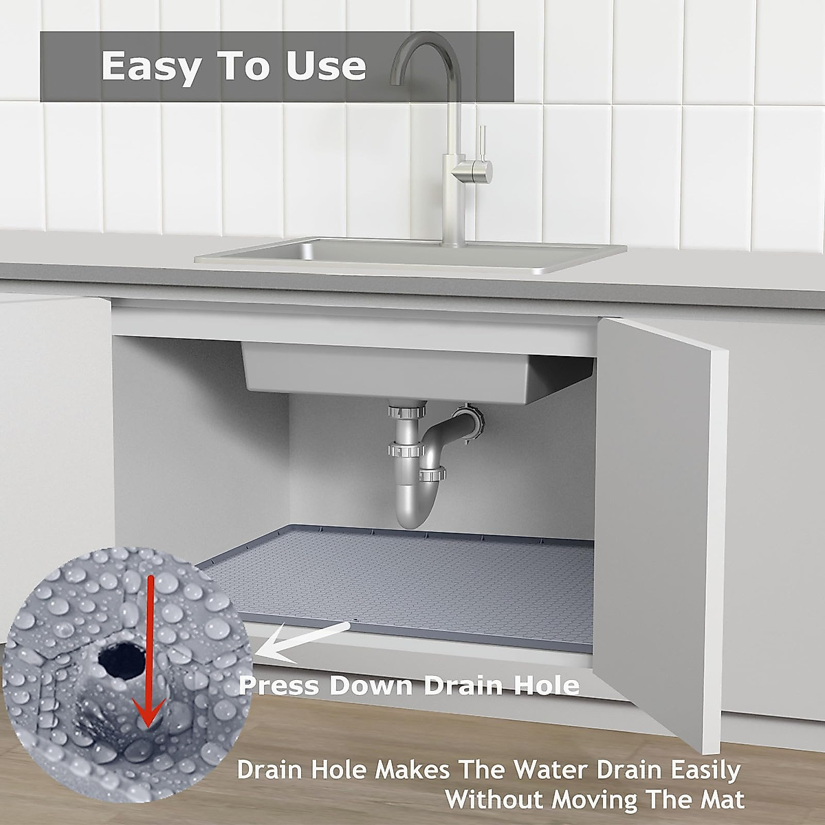 Under Sink Mat - 34" x 22" Waterproof Under Sink Kitchen Cabinet Mat with Drain Hole,Kitchen Bathroom Cabinet Floors Mat,Silicone Under Sink Mat,Flexible Under Sink Mats