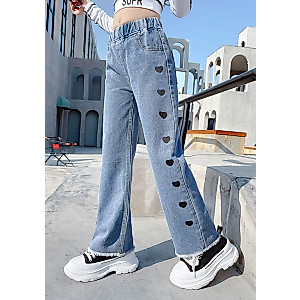 NABER Kids Girls Casual Wide Leg Denim Pants Heart Pattern Elastic Waist Jeans Size 4-14 Years (Blue2, 13-14 Years)