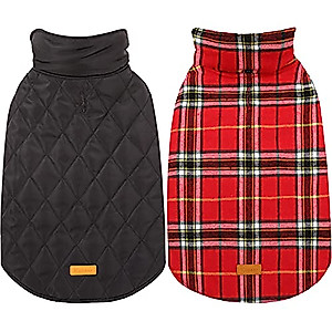 Kuoser Warm Dog Coat, Reversible Dog Jacket Waterproof Dog Winter Coat British Style Plaid Dog Clothes Pet Dog Cold Weather Coats Cozy Snow Jacket Vest for Small Medium Large Dogs Bright Red XS