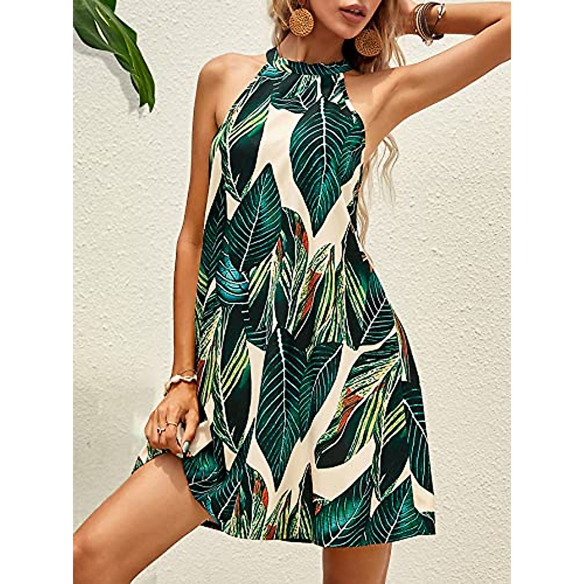 Floerns Women's Summer Floral Print Sleeveless Halter Neck Beach Party Dress Green Tropical L
