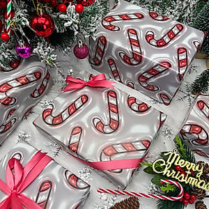 Dtiafu 3D Inflated Puff Candy Cane Wrapping Paper - Metallic Sliver Christmas Decoration - 6 Pcs Gift Wrapping Paper for Xmas Holiday