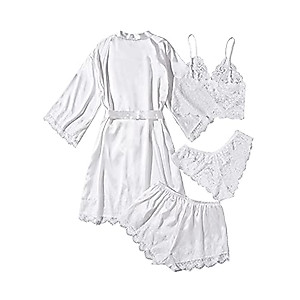 SOLY HUX Women's Satin Pajama Set 4pcs Floral Lace Trim Cami Lingerie Sleepwear with Robe White Solid L