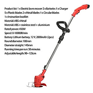 Cordless Lawn Trimmer,Electric Hedge Trimmer,Weed Trimmer,12V 2000mAh 2 Batteries Weed Lawn Eater Edger,Telescopic Rod Anti-Slip Handle Grass Trimmer for Lawn Cutting, Lawn Care,Garden (Red)