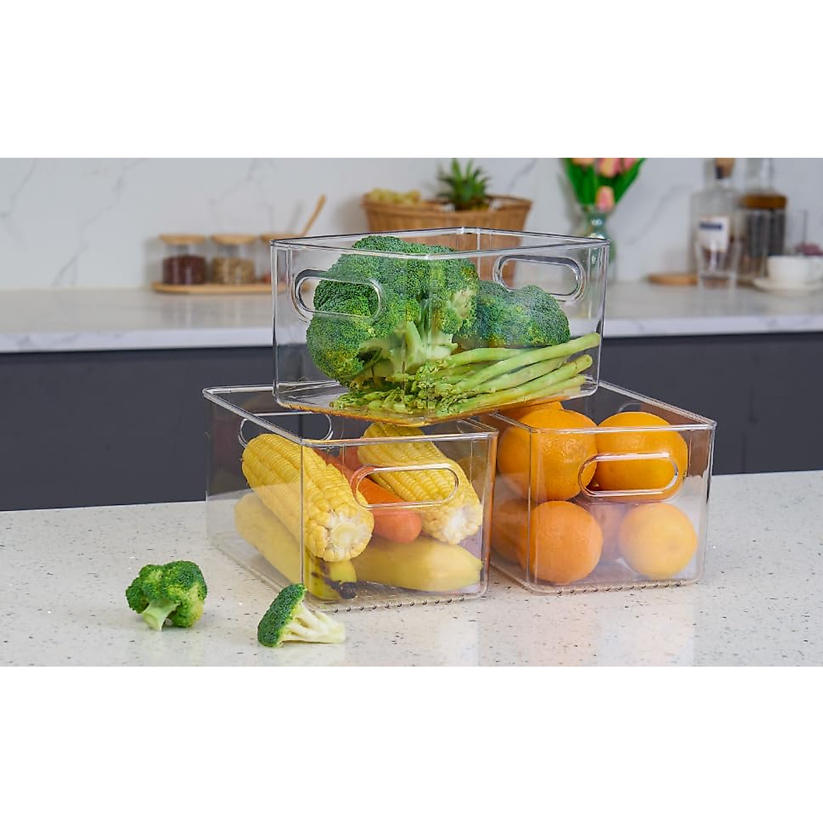 Faryuan 4 PCS Clear Plastic Storage Bins, Refrigerator Organizer Bins with Handles, Pantry Organizer Bins for Food, BPA-Free Fridge Organizer for Fridge, Freezer, Kitchen, Cabinet, Pantry, 10" Long