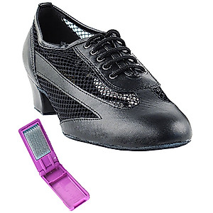 Very Fine Dance Shoes - Ladies Practice, Cuban Low Heel Ballroom Dance Shoes - 2009-1.5-inch Heel and Foldable Brush Bundle - Black Leather - 6.5
