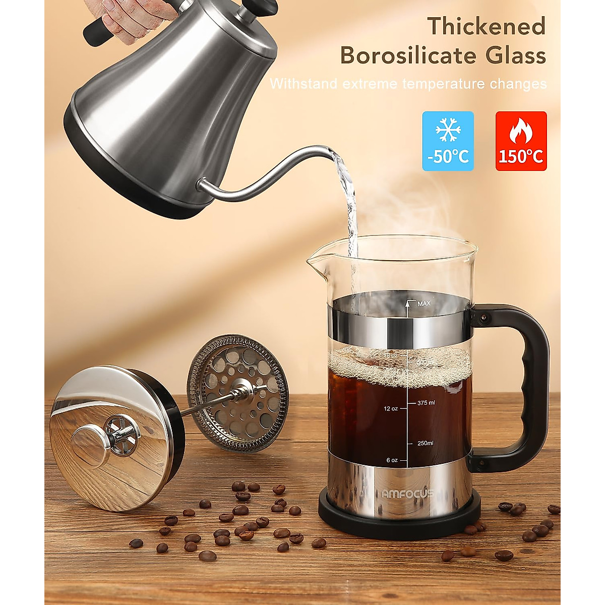 French Press Coffee Maker - 21OZ Classic Glass Coffee Press, Heat-resistant Borosilicate Glass Coffee Pot with 4-Level Disassemble Filters, Portable Cold Brew Coffee Maker for Travel Home Gift(Sliver)