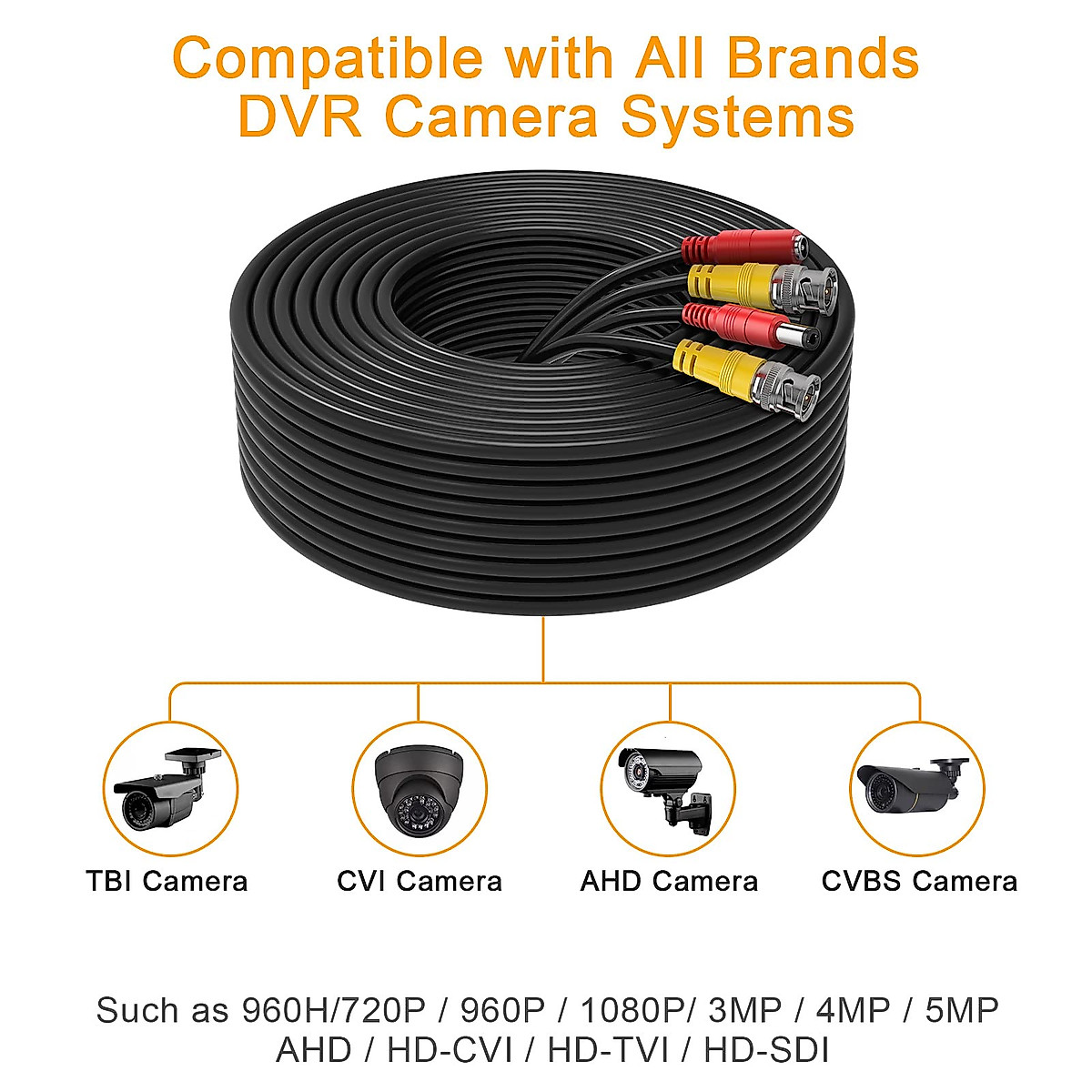 WILDHD 200ft Bnc Cable All-in-One Siamese Video and Power Security Camera Cable, Extension Wire Cord with 2 Female Connectors for All Max 5MP HD CCTV DVR Surveillance System (200ft Cable, Black)