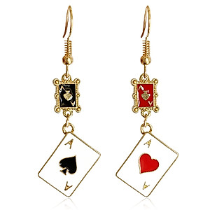 JIUIQL Unique Funny 18K Gold Plated Hypoallergenic Long Poker hearts and spades A Ace Playing Cards Dangle Drop Stud Earrings For Women Gambling Casino Jewelry Gift (Red Black)