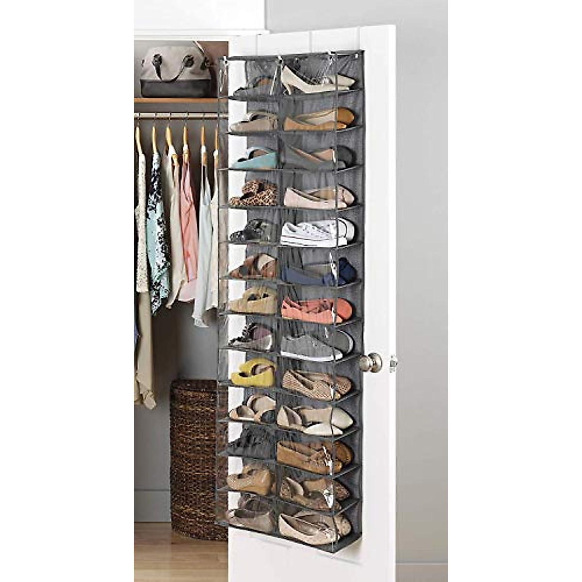 VONOTO Hanging Shoe Shelves Closet Organizer, Over The Door Shoe Organizer, 26 Pockets, PVC Shoe Rack Door Shelf Hanger Holder Storage Bag 22 x 6.3 x 63 inch (Black)