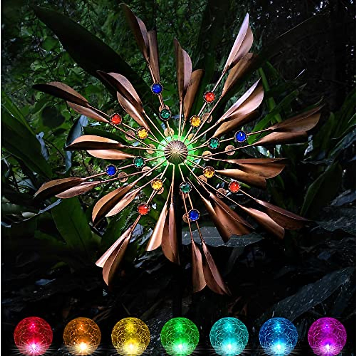 Kinetic Wind Spinners with Solar Powered Glass Ball, 79 Inches Outdoor Metal Large Wind Sculptures & Double Windmill Spinner, for Outdoor Yard Lawn Garden Decorations
