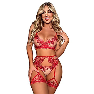 WDIRARA Women's Red Lace Underwire 3 Piece Embroidered Sexy Lingerie Set with Garter Belt Red S